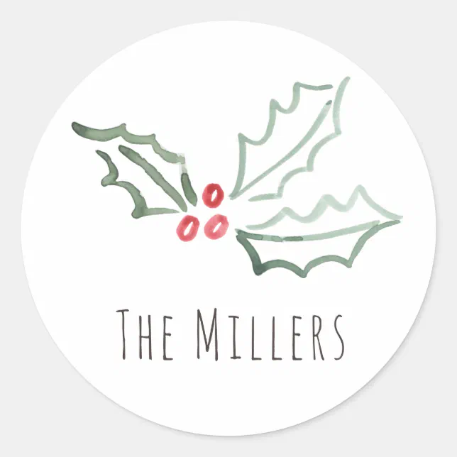 Watercolor Holly Personalized Christmas Holiday Classic Round Sticker ...