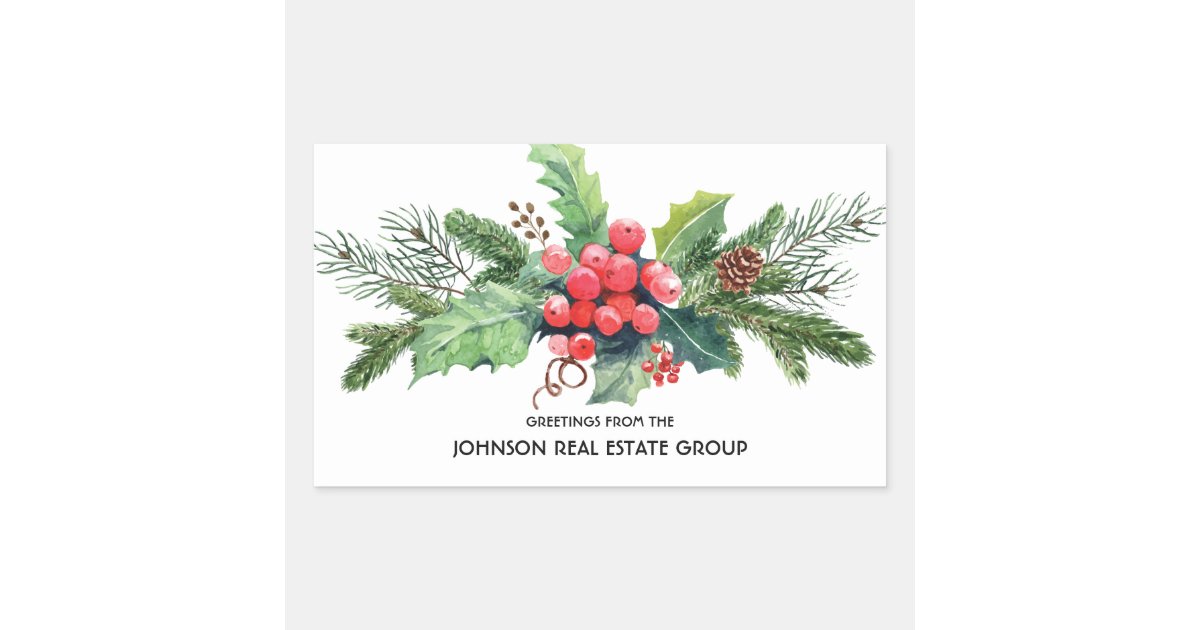 Watercolor Holly Pine & Berry | Holiday Envelope Rectangular Sticker ...
