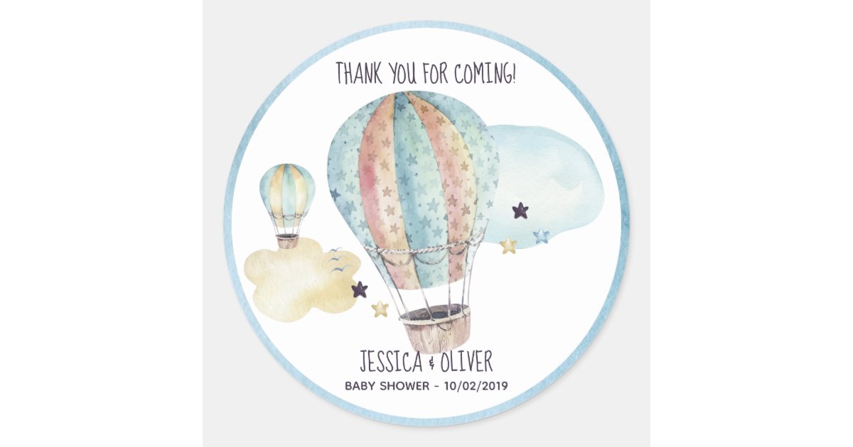 Watercolor Hot Air Balloon Party in Blue Classic Round Sticker | Zazzle