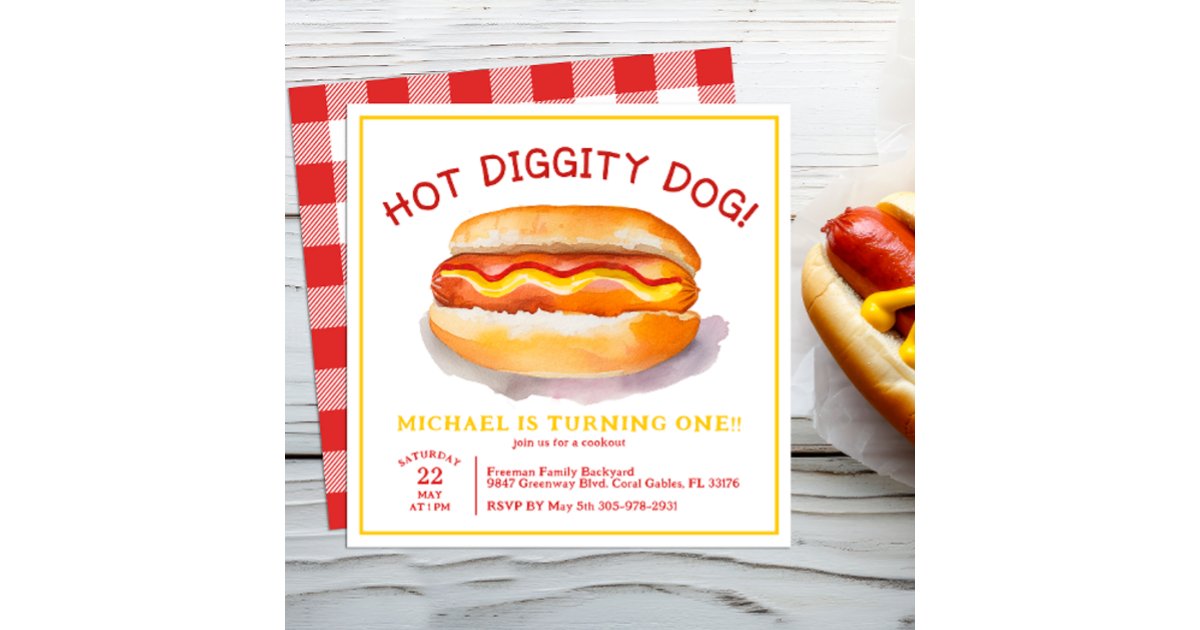 Watercolor Hot Dog Birthday Invitation – Kids BBQ | Zazzle