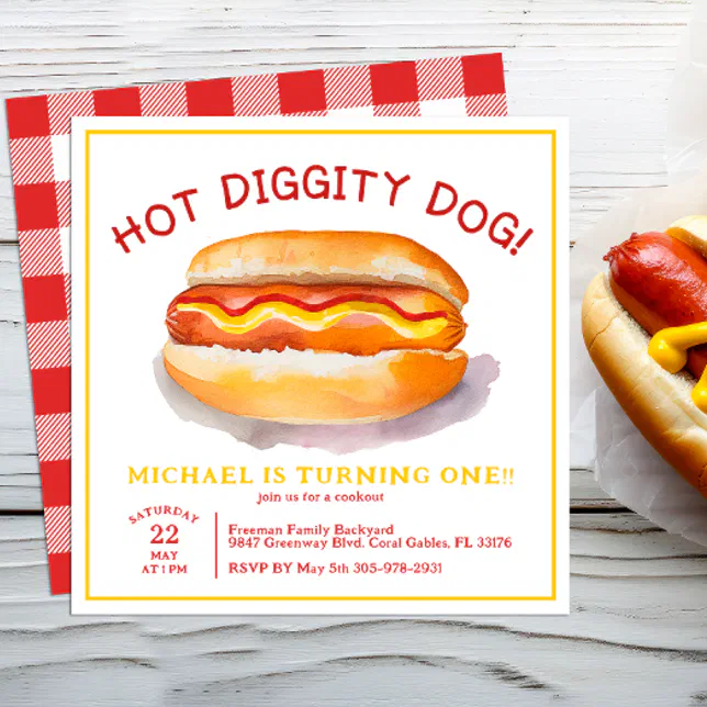 Watercolor Hot Dog Birthday Invitation – Kids BBQ | Zazzle