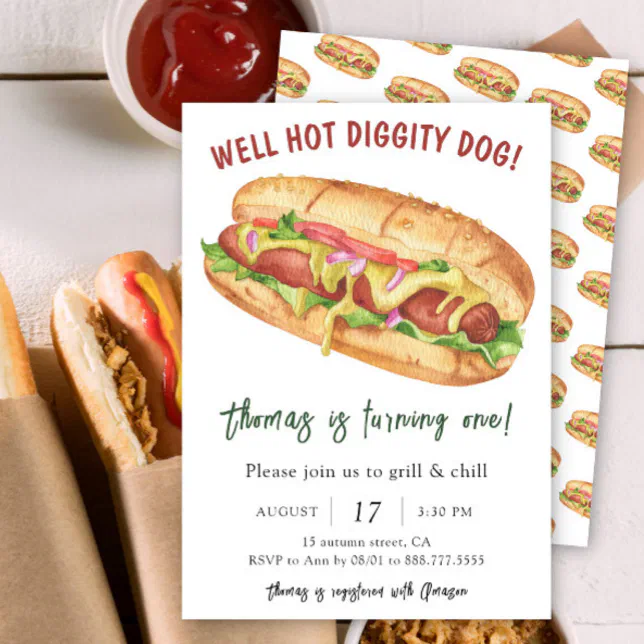 Watercolor Hot Dog Kids Birthday Invitation | Zazzle