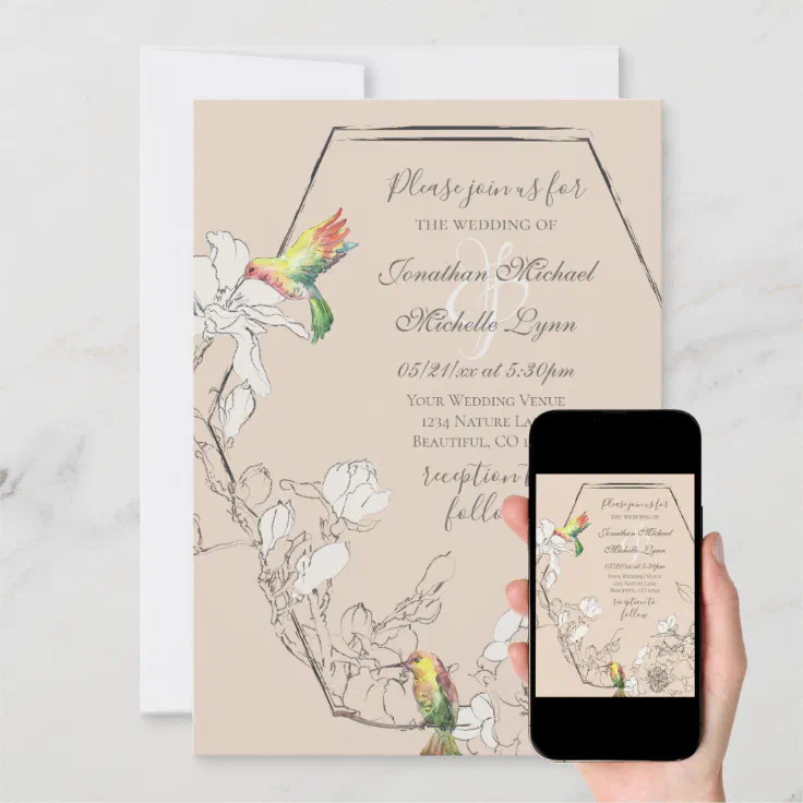 Watercolor Hummingbird Floral Geometric Wedding Invitation | Zazzle
