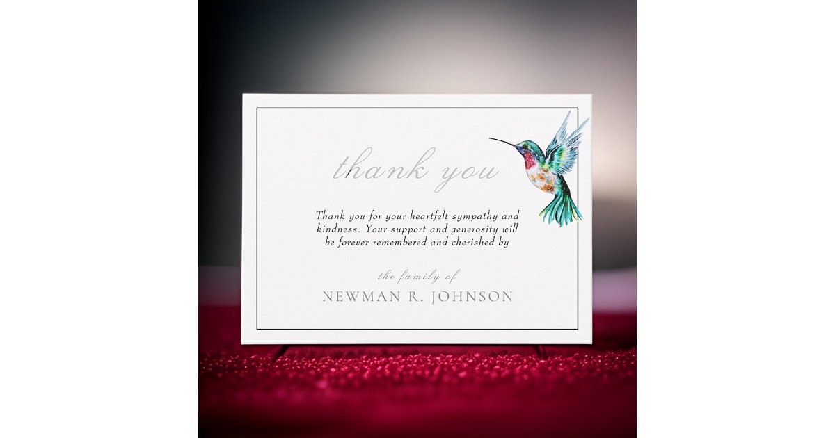 Watercolor Hummingbird Funeral Memorial Thank You Note Card | Zazzle