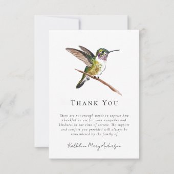 Watercolor Hummingbird Sympathy Funeral Thank You Card | Zazzle