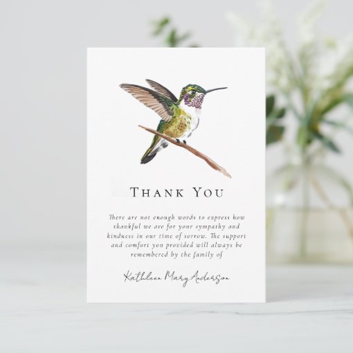 Watercolor Hummingbird Sympathy Funeral Thank You Card | Zazzle