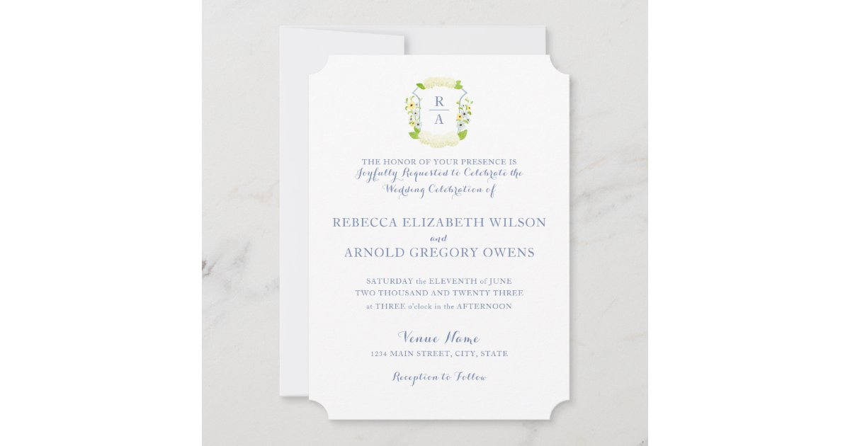 Watercolor Hydrangea Crest Wedding Invitation | Zazzle