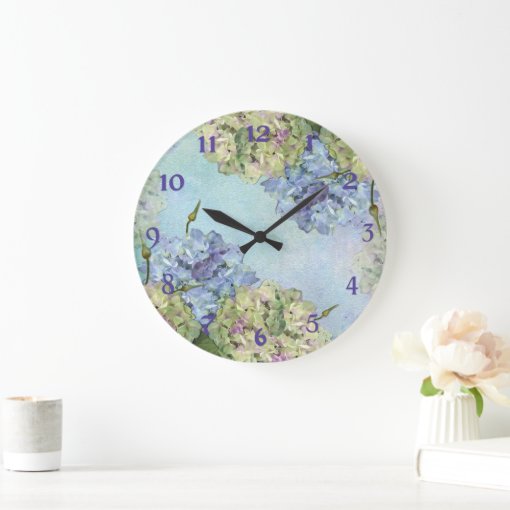Watercolor Hydrangea Floral Large Clock | Zazzle