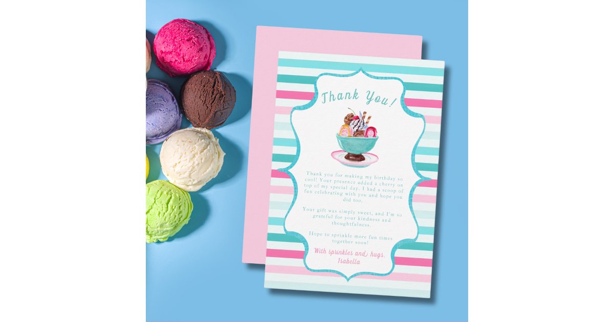 Watercolor Ice Cream Sundae Birthday Thank You Card | Zazzle