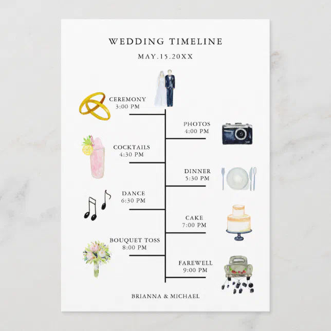Watercolor Icon Wedding Day Timeline Program | Zazzle