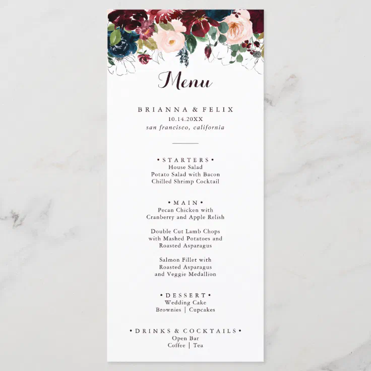 Watercolor Illustrated Fall Floral Dinner Menu | Zazzle