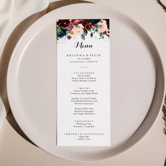 Watercolor Illustrated Fall Floral Dinner Menu | Zazzle