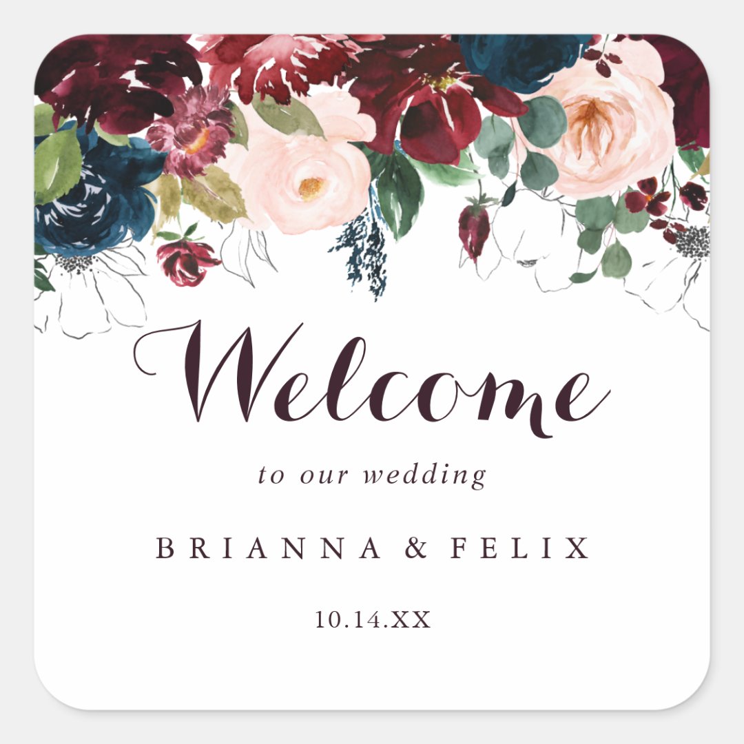 Watercolor Illustrated Fall Floral Wedding Welcome Square Sticker | Zazzle