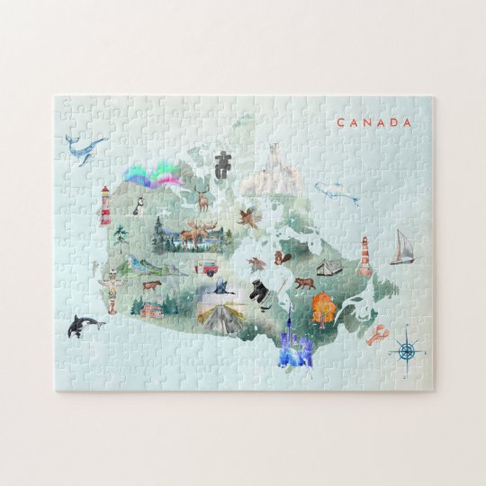 Watercolor Illustrated Map of Canada Art Jigsaw Puzzle | Zazzle.com