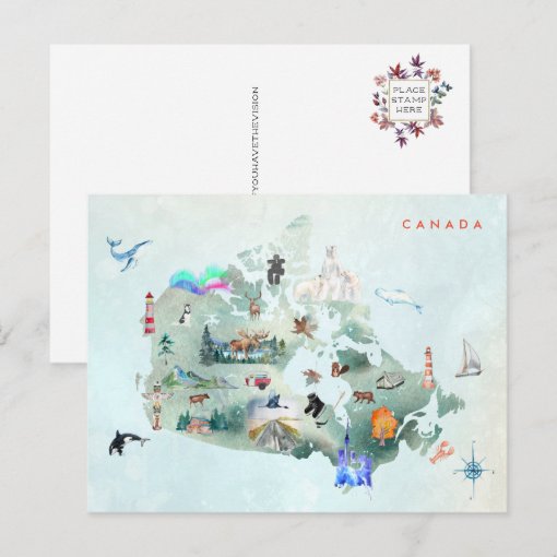 Watercolor Illustrated Map of Canada Art Postcard | Zazzle