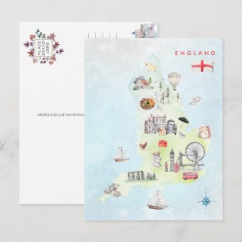 Watercolor Illustrated Map of England Art Postcard | Zazzle