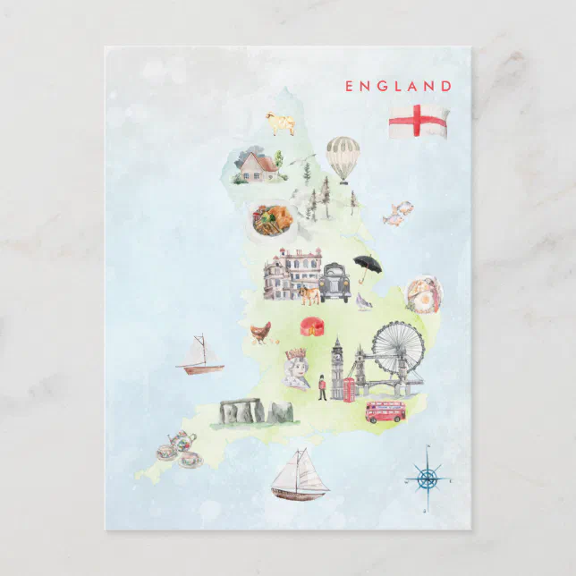 Watercolor Illustrated Map of England Art Postcard | Zazzle