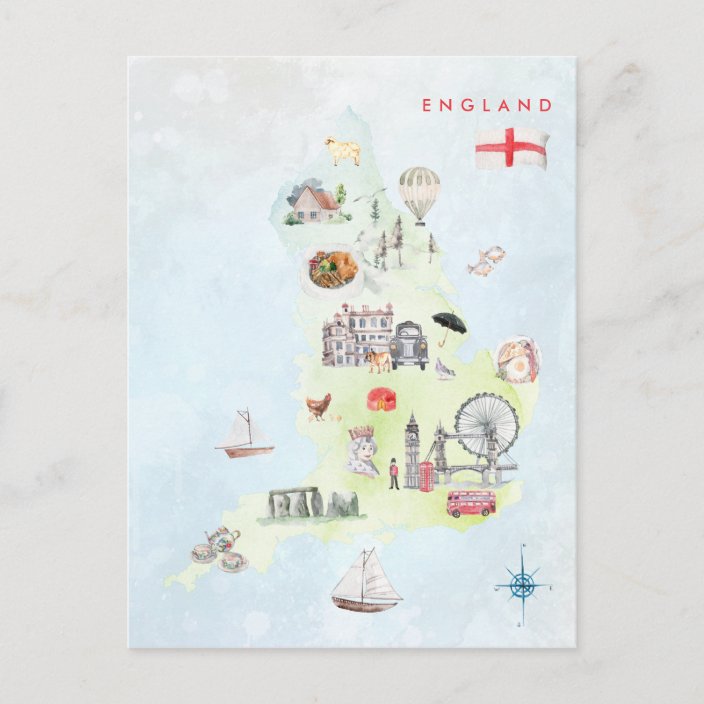 Watercolor Illustrated Map of England Art Postcard | Zazzle