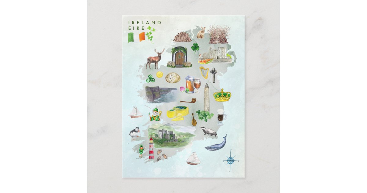 Watercolor Illustrated Map of Ireland Art Postcard | Zazzle