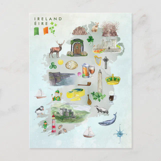 Watercolor Illustrated Map of Ireland Art Postcard | Zazzle