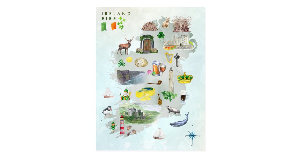 Watercolor Illustrated Map of Ireland Art Postcard | Zazzle.com
