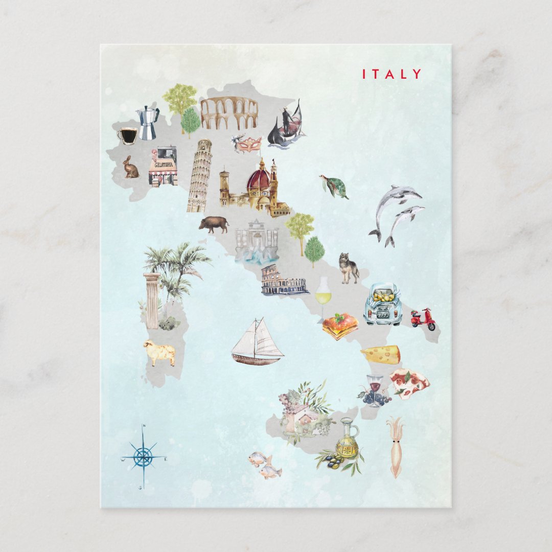 Watercolor Illustrated Map of Italy Art Postcard | Zazzle