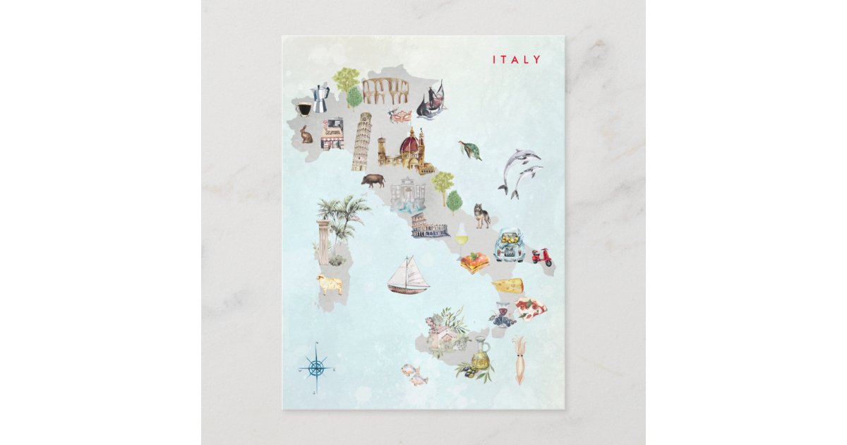 Watercolor Illustrated Map of Italy Art Postcard | Zazzle