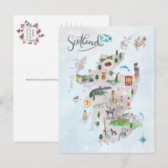 Watercolor Illustrated Map of Scotland Art Postcard | Zazzle