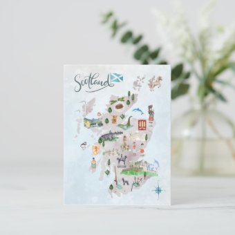 Watercolor Illustrated Map of Scotland Art Postcard | Zazzle
