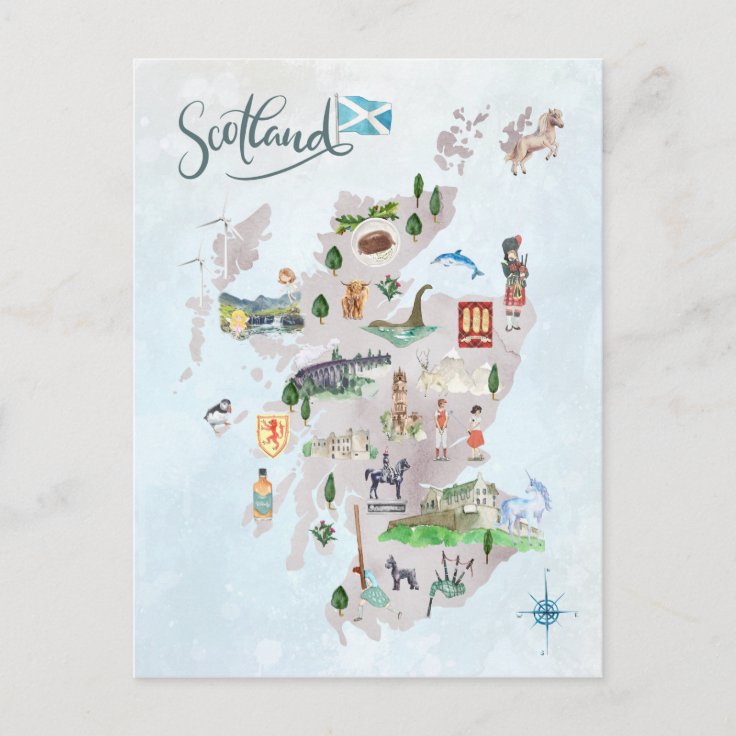 Watercolor Illustrated Map of Scotland Art Postcard | Zazzle