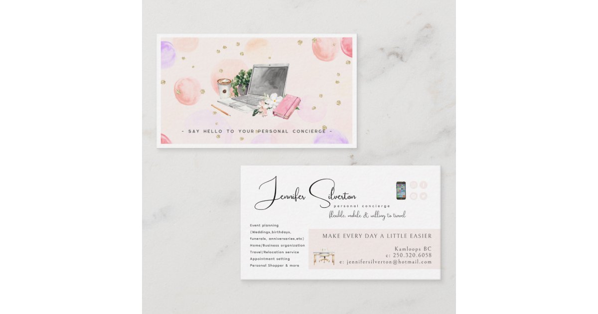 Watercolor Illustrated Personal Concierge Logo Business Card | Zazzle