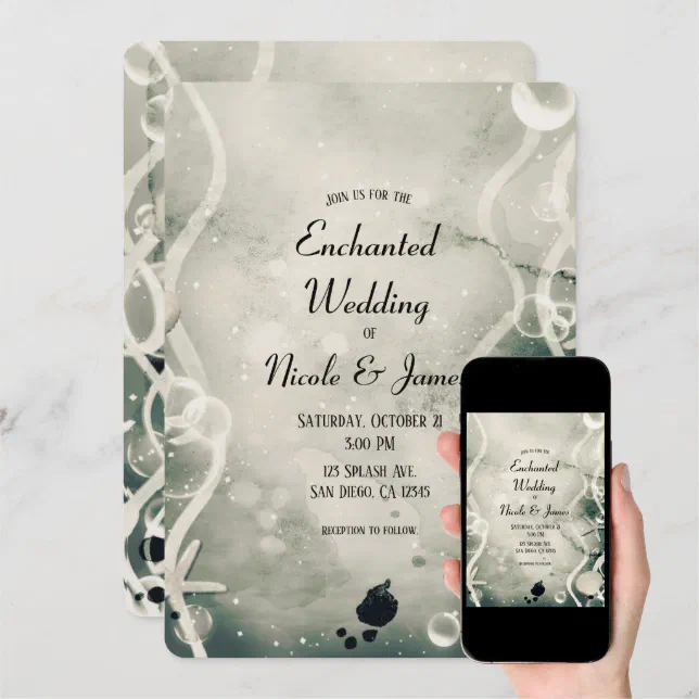 Watercolor Ink Splash Pearl Grey Sea Wedding Invitation | Zazzle