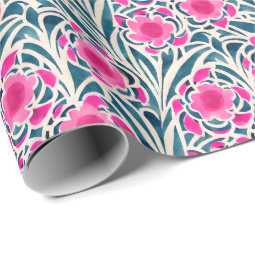 Watercolor Inspired Pink + Blue Botanical Floral Wrapping Paper | Zazzle