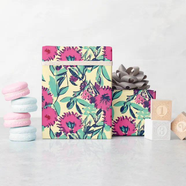 Watercolor Inspired Pink + Green Botanical Floral Wrapping Paper | Zazzle