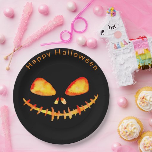 Watercolor Jack O' Lantern Face Halloween Paper Plates | Zazzle