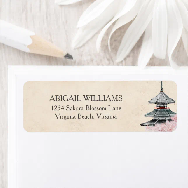 Watercolor Japanese Temple Cherry Blossoms Label | Zazzle