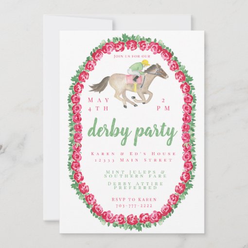 Watercolor Jockey Horse Derby Party Roses Invitation | Zazzle