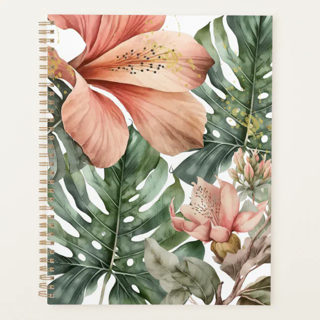 Watercolor Jungle Floral Peach Green Gold Splash Planner | Zazzle