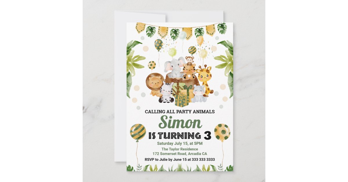 Watercolor Jungle Safari Animals Kids Birthday Invitation | Zazzle