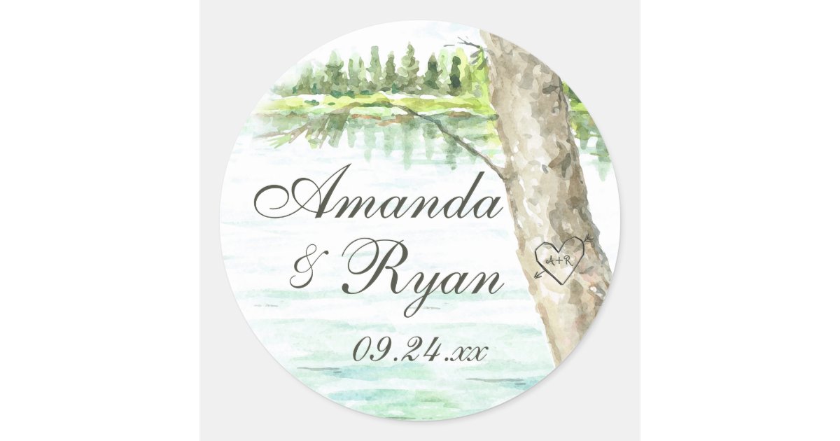 Watercolor Lake and Carve Tree Heart Classic Round Sticker | Zazzle