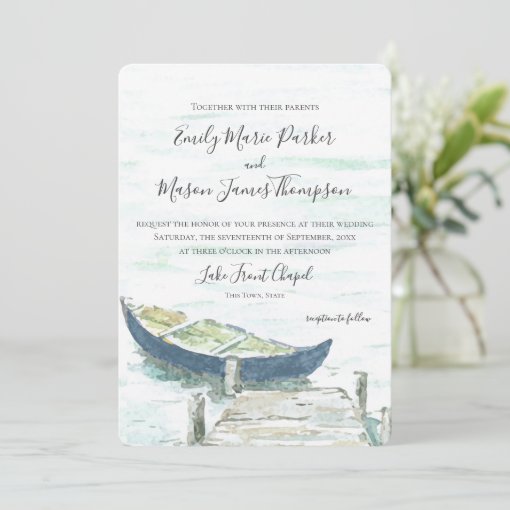 Watercolor Lake Blue Canoe Wedding Invitation | Zazzle