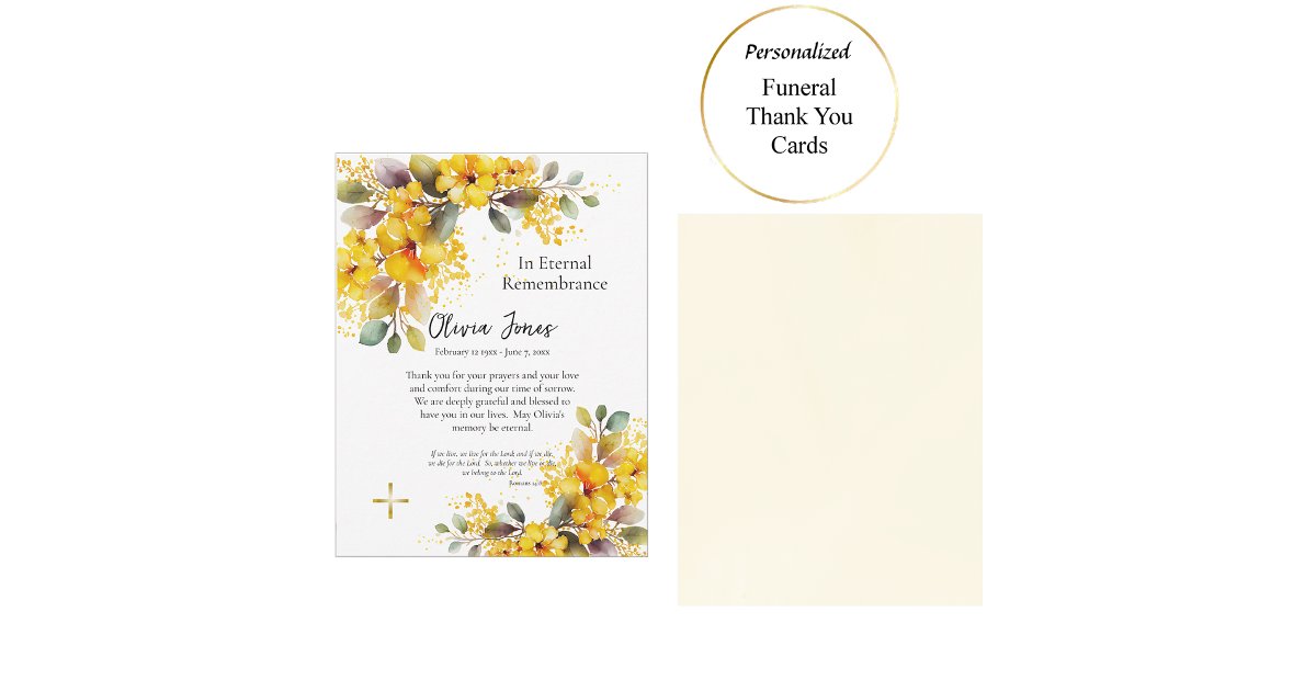Watercolor Large Yellow Flowers Funeral Thank You Card | Zazzle