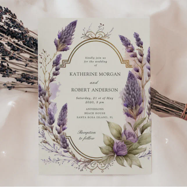 Watercolor Lavender Floral Regal Wedding Invitation | Zazzle