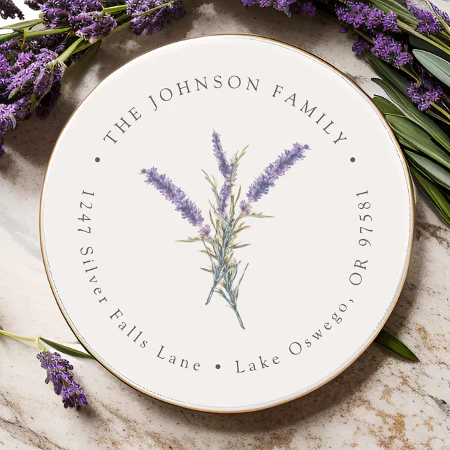 Watercolor Lavender Flowers Return Address Classic Round Sticker | Zazzle