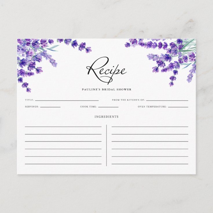 Watercolor Lavender Flowers Spring Recipe Card | Zazzle