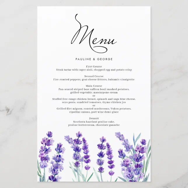 Watercolor Lavender Flowers Spring Wedding Menu | Zazzle