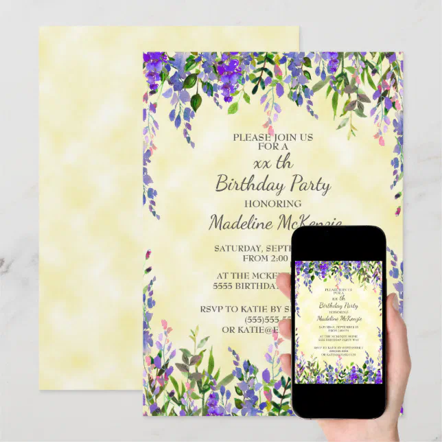 Watercolor Lavender Yellow Birthday Party Invite | Zazzle