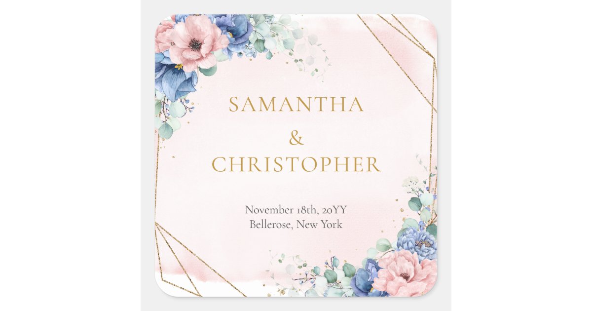 Watercolor lavish bouquet blush and blue flowers square sticker | Zazzle