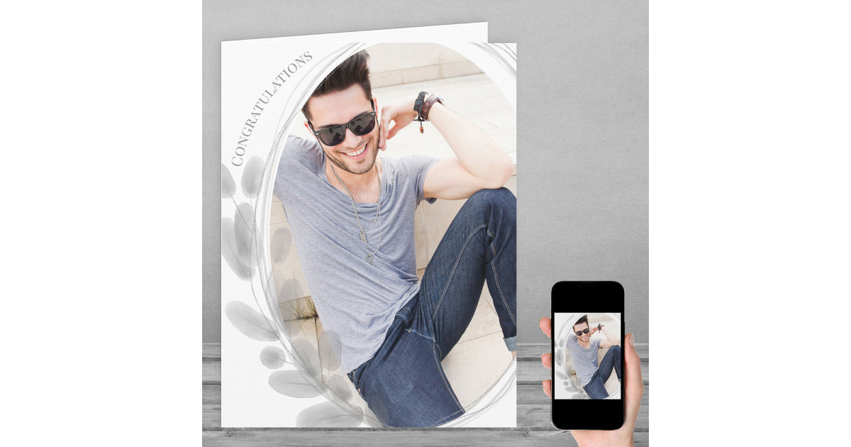 Watercolor Leaf Framed Photo Grey Congratulations Card | Zazzle