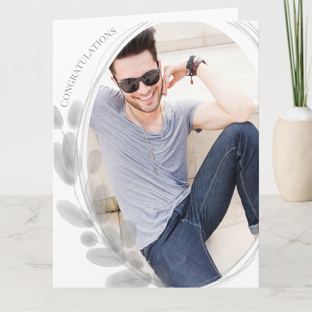 Watercolor Leaf Framed Photo Grey Congratulations Card | Zazzle